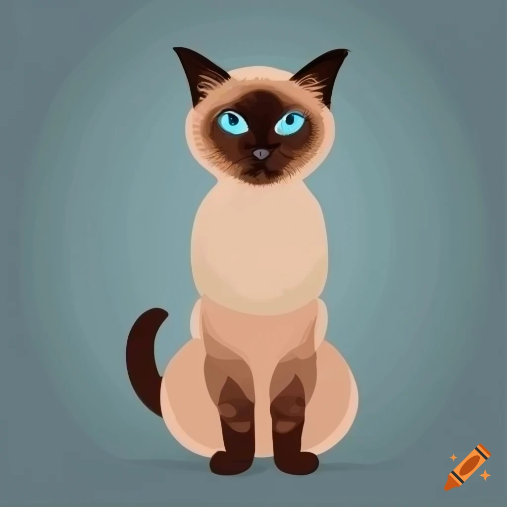 Fluffy Siamese kitty with striking blue eyes in flat vector art style on Craiyon