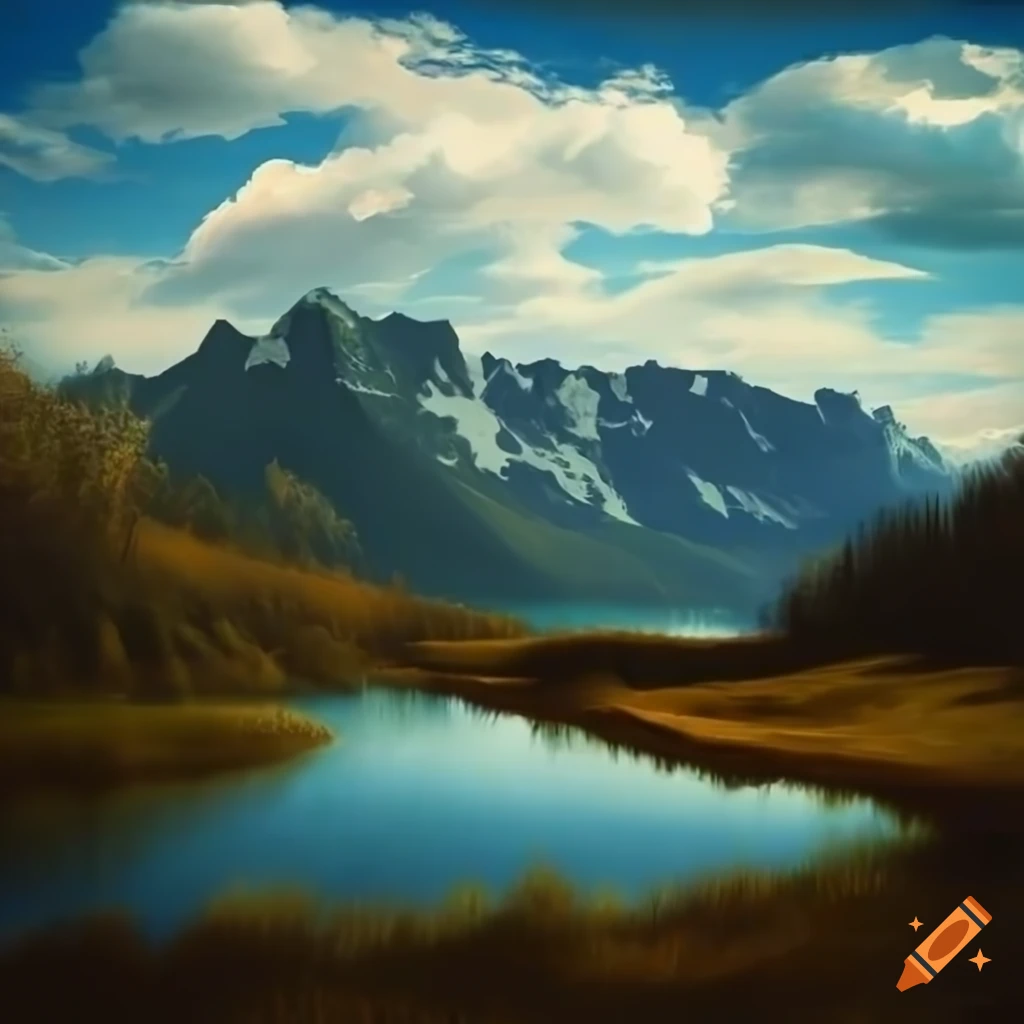 Spring mountain landscape with a lake and overcast sky on Craiyon