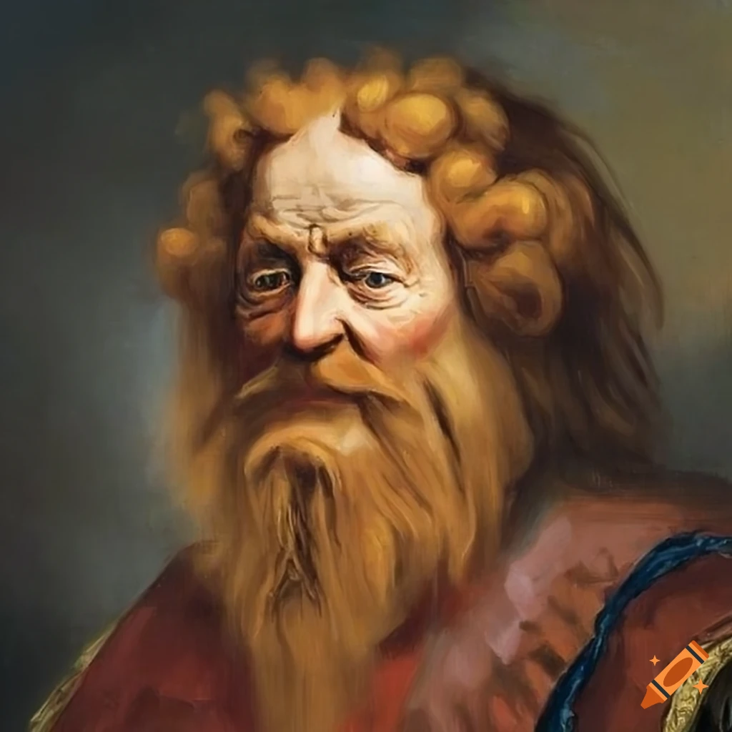 Portrait of an old wise man with ginger hair and beard in noble attire ...