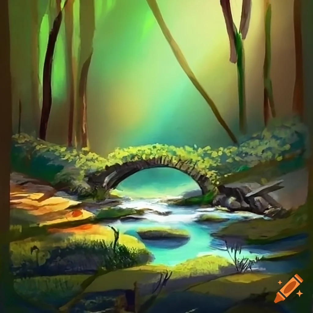 Serene forest clearing with a stream under dappled sunlight on Craiyon