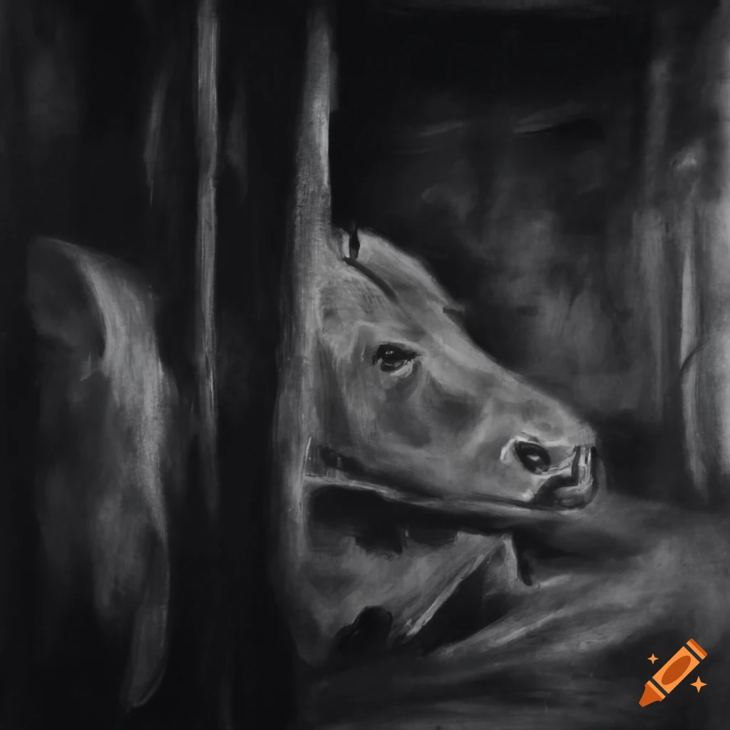 Cows in a barn at night in a village charcoal drawing on Craiyon