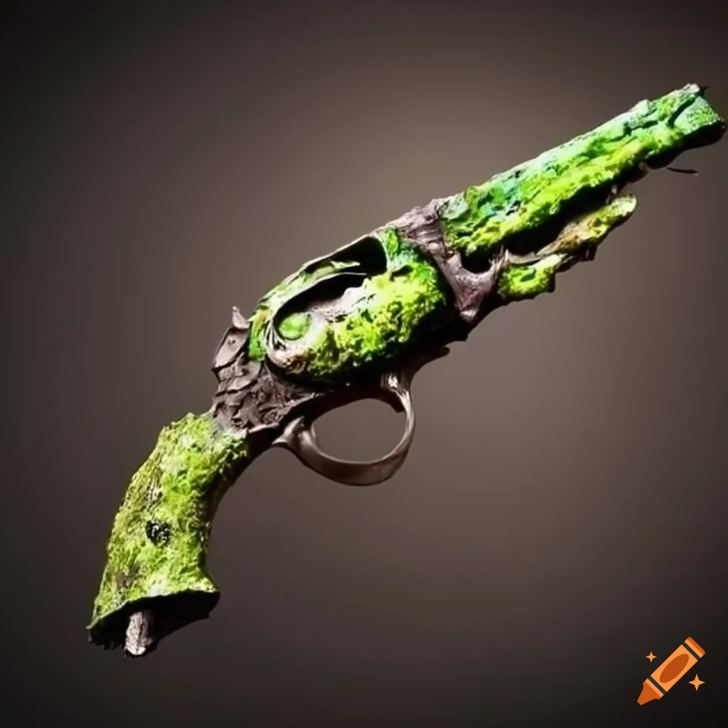 Fantasy revolver crafted from an ancient mossy tree stump on Craiyon