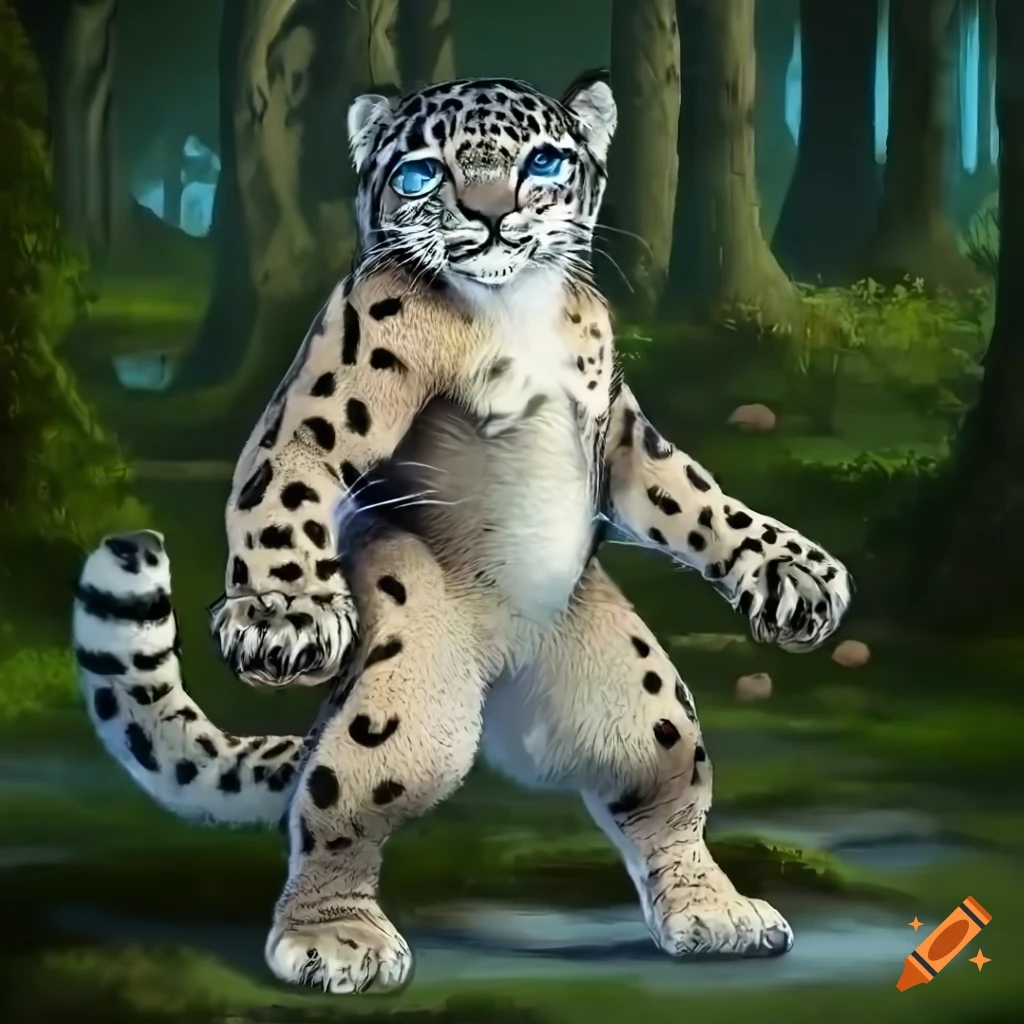 Anthropomorphic snow leopard with blue eyes in a forest on Craiyon