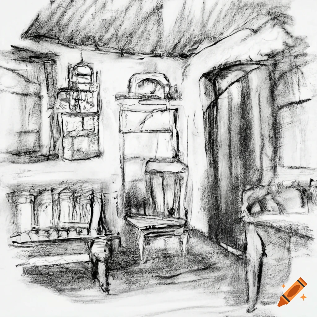 Cottage interior with standing people in a black and white charcoal ...