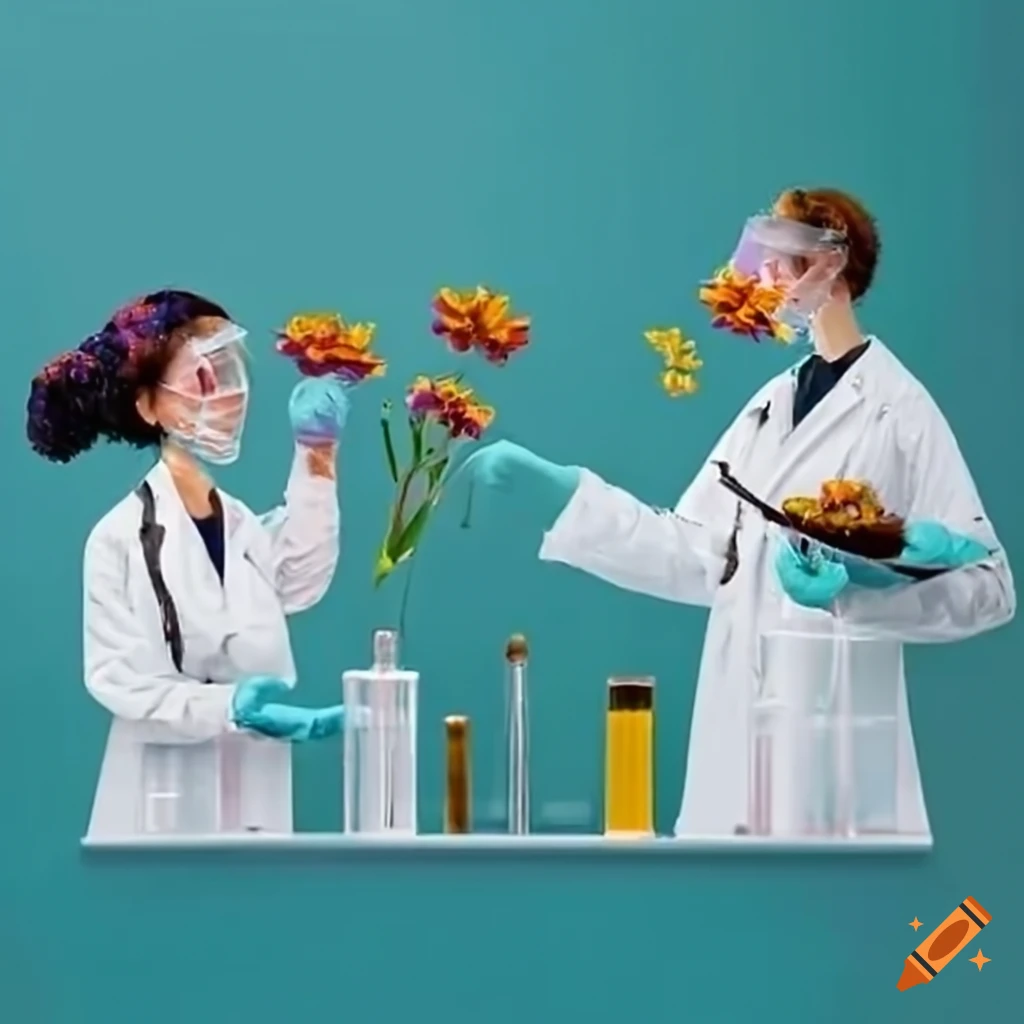 Male and female scientists with test tubes from which flowers bloom on ...