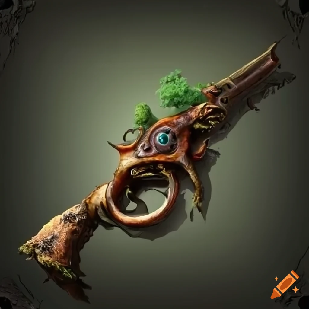 Fantasy pistol crafted from an ancient mossy tree stump on Craiyon