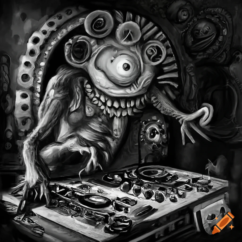 Legendary one-eyed creature dj spinning tunes in black and white ...