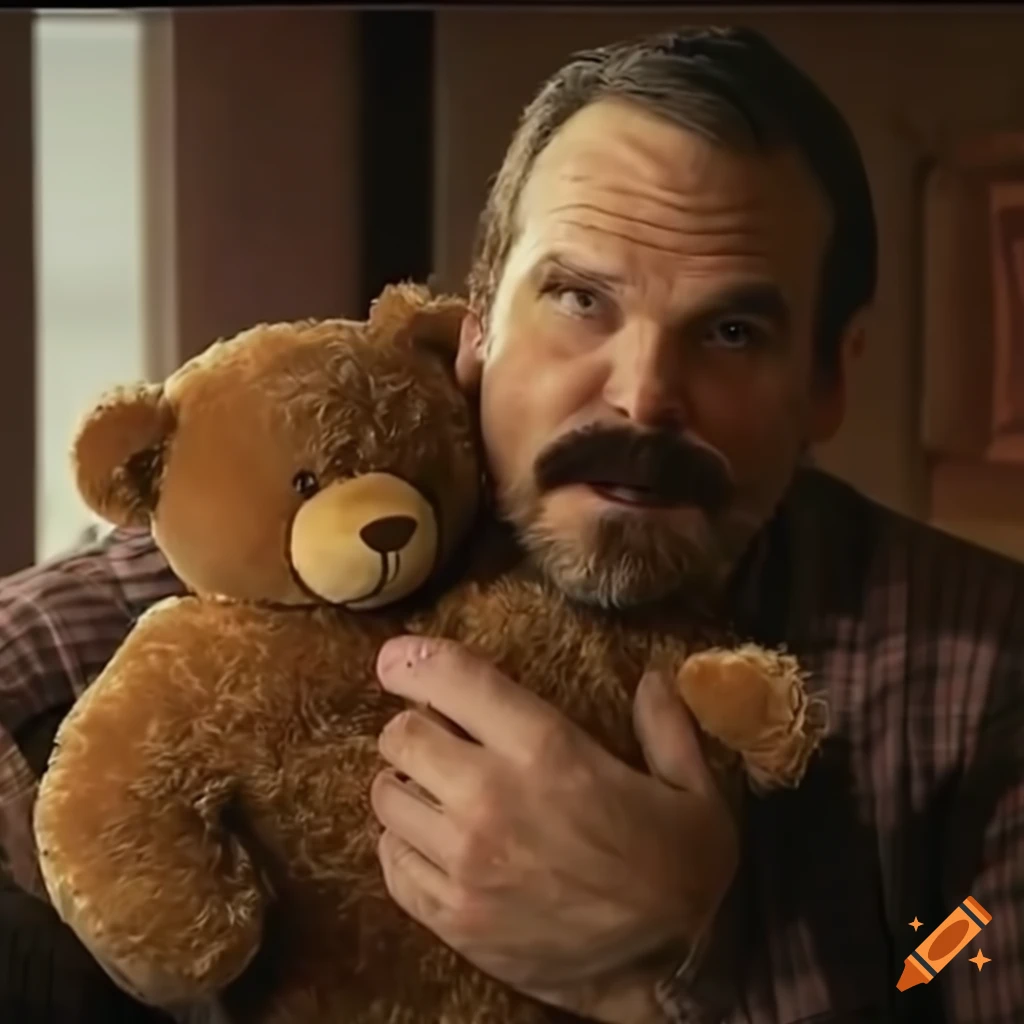 Jim hopper character hugging a teddy bear on Craiyon