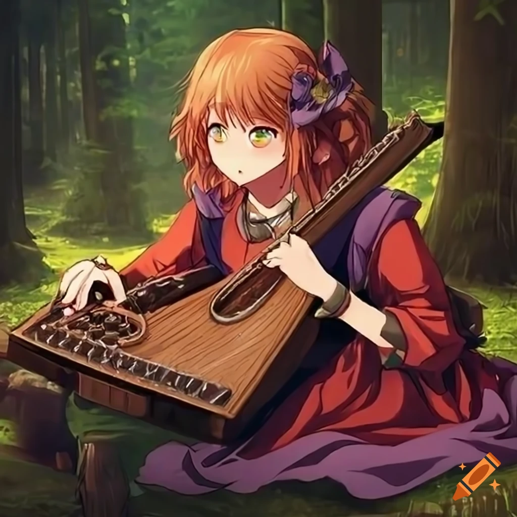Anime bard playing zither by the forest campfire on Craiyon