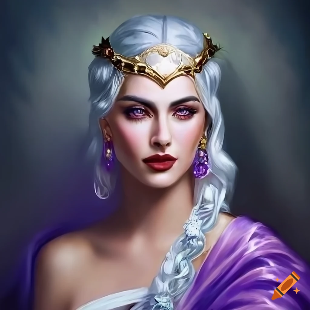 Lady with sharp features, silver hair and purple eyes in a Roman pink ...