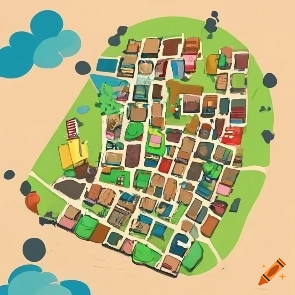 Community map showing locations of church, school, market, playground ...