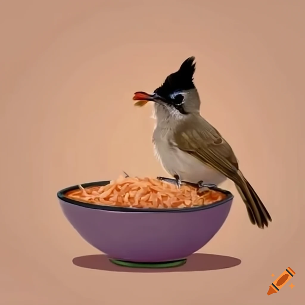 Bulbul bird eating rice from a bowl on Craiyon