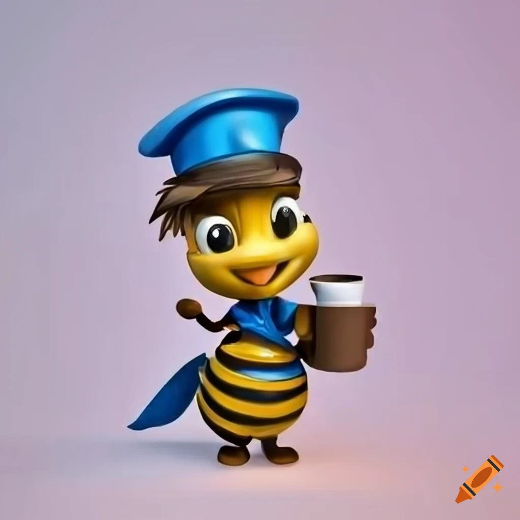 Anthropomorphic bee with a blue mailman hat holding an espresso on Craiyon