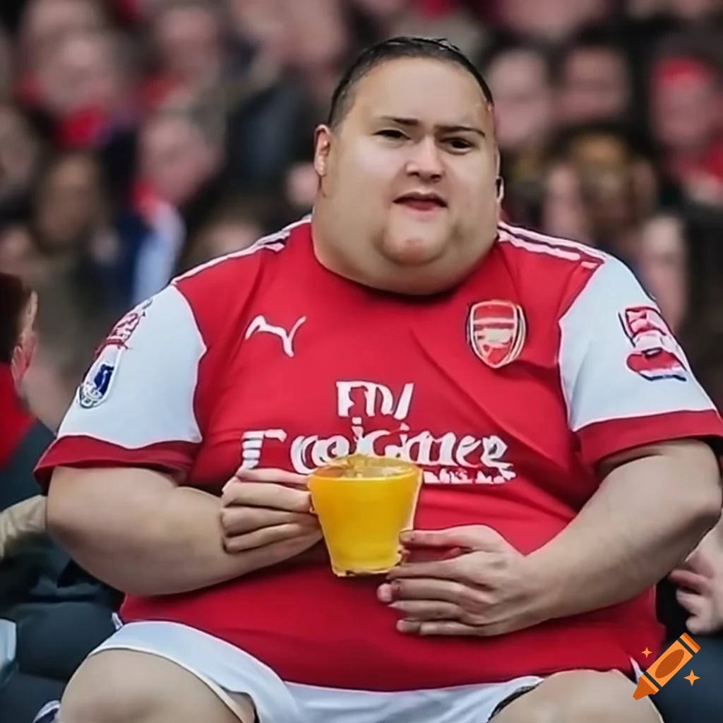 Overweight arsenal football fan enjoying a meal on Craiyon