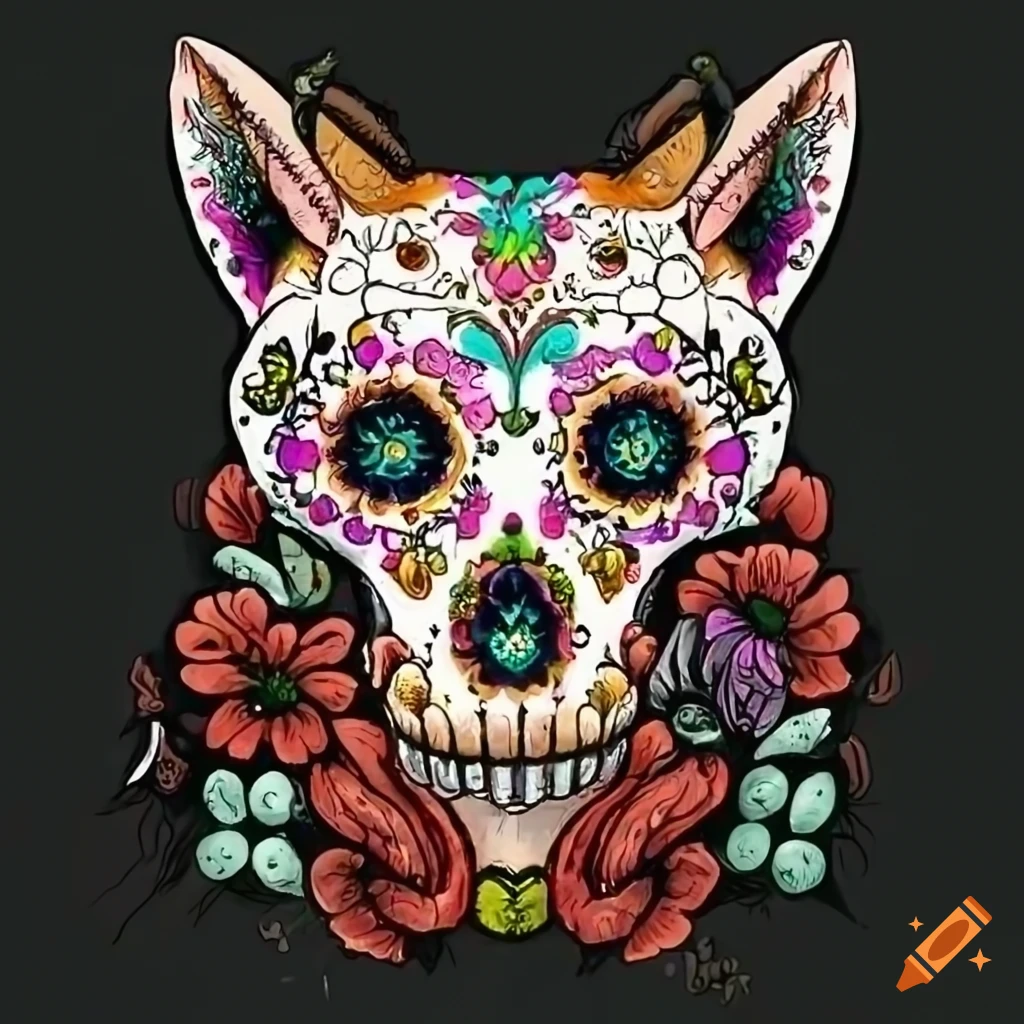 Dia de muertos fox skull in sugar skull style on Craiyon