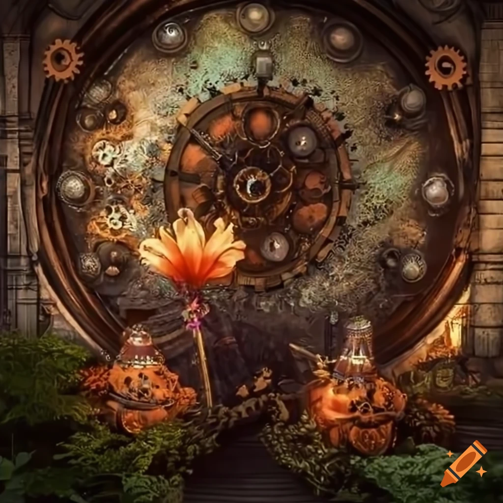 Steampunk garden with steam-powered flowers in high resolution on Craiyon
