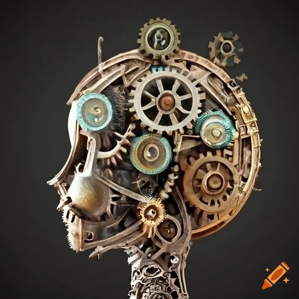 Intricate steampunk-inspired brain sculpture with moving gears on Craiyon