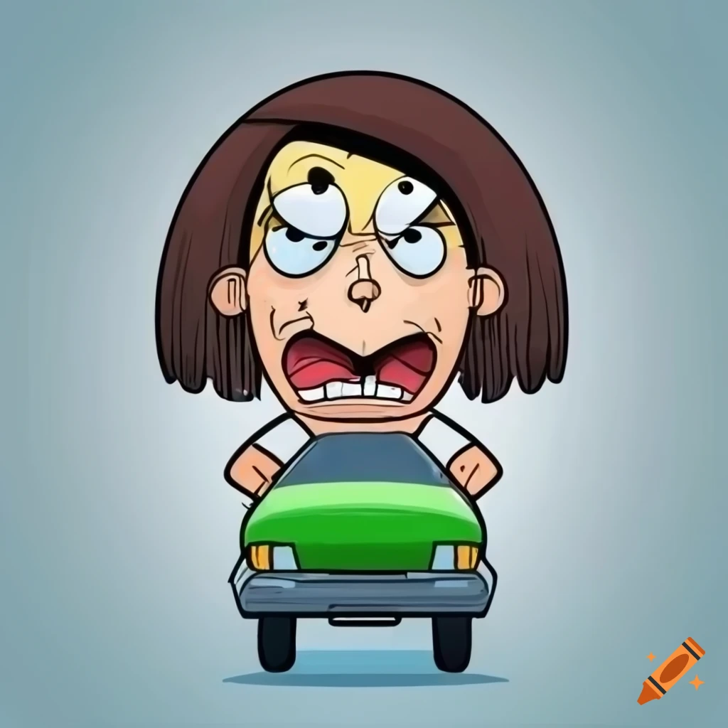 Cartoon illustration of a frustrated woman stuck in traffic on Craiyon