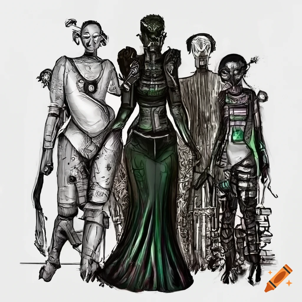 Biopunk family in futuristic outfits surrounded by glowing biopunk moss ...