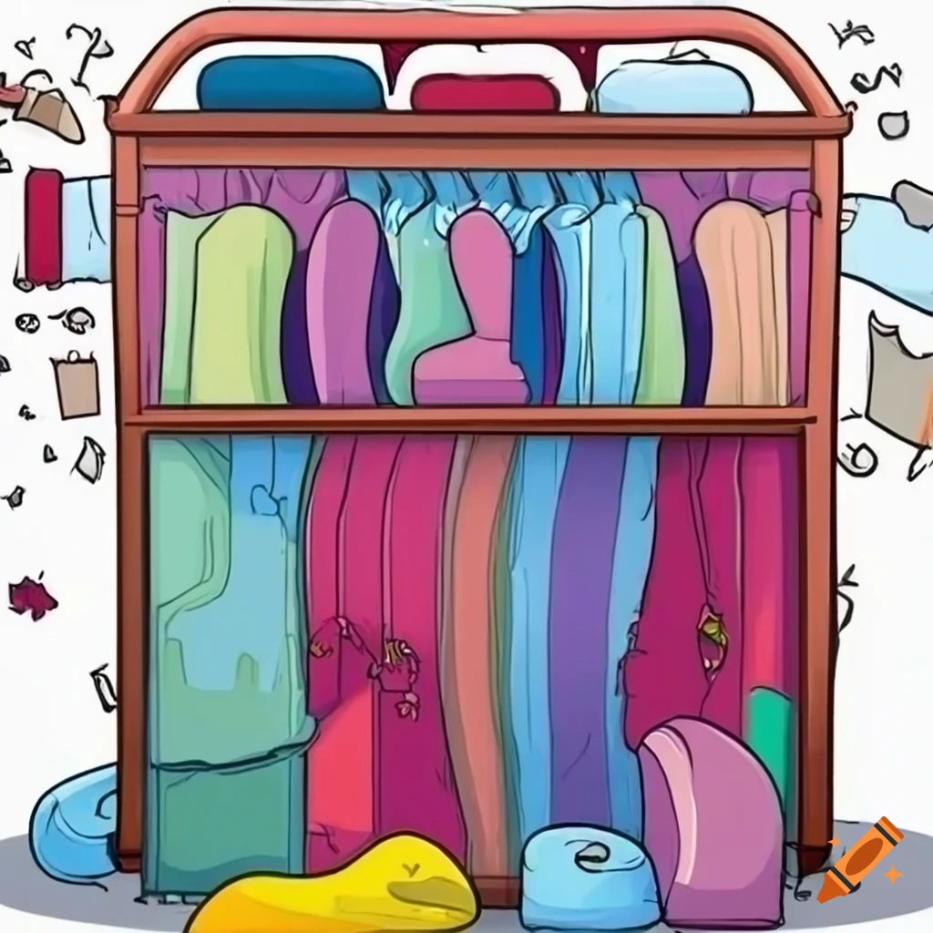 Colorful cartoon illustration of a messy wardrobe on Craiyon