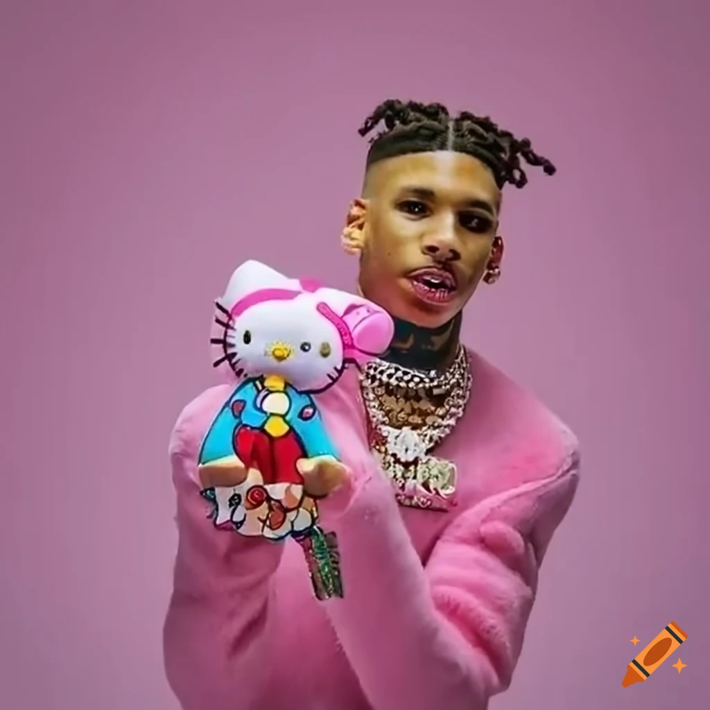 NLE Choppa with a pink Hello Kitty stuffed animal in a studio on Craiyon