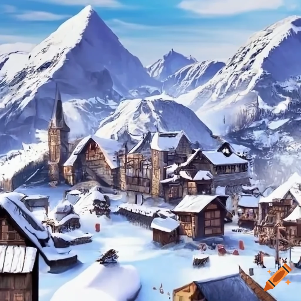 Snowy medieval village on the mountainside on Craiyon