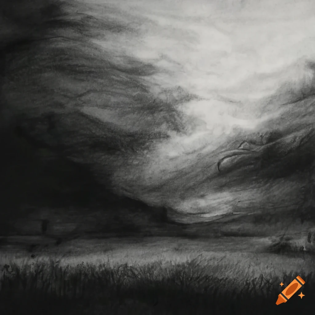 Dark clouds over a meadow in a charcoal drawing on Craiyon
