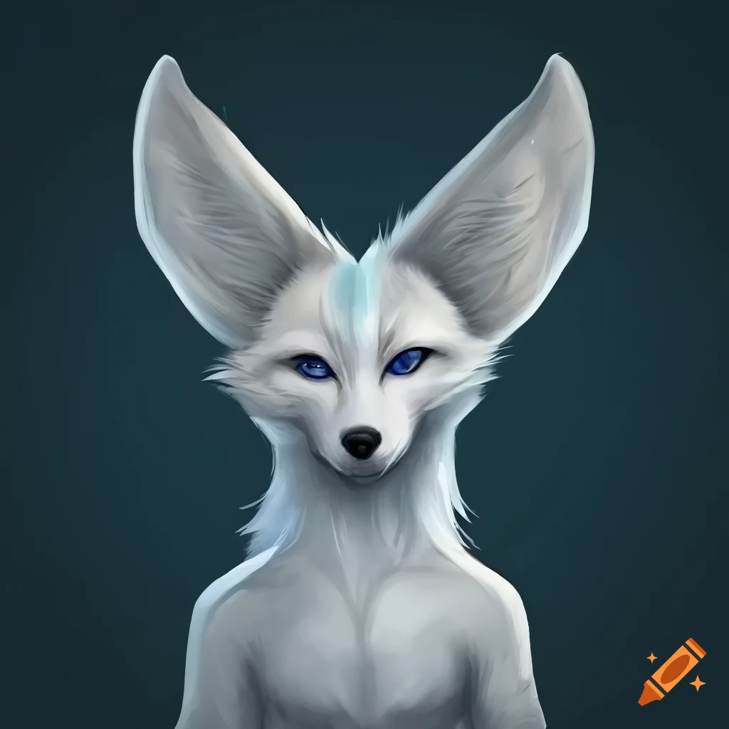 Anthropomorphic male white wolf with fennec fox ears and blue eyes in ...