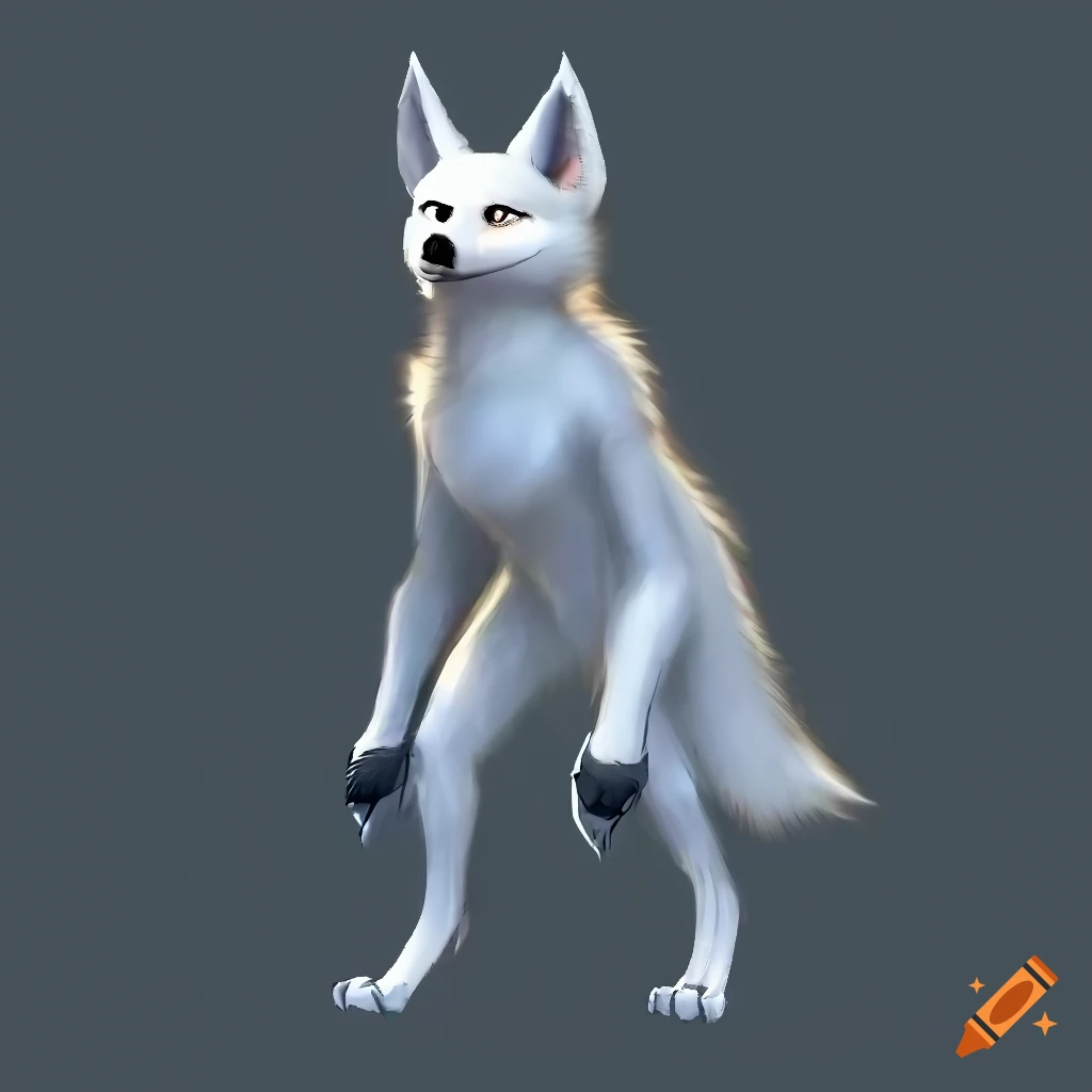 Anthropomorphic white wolf with fennec fox ears and blue eyes standing ...