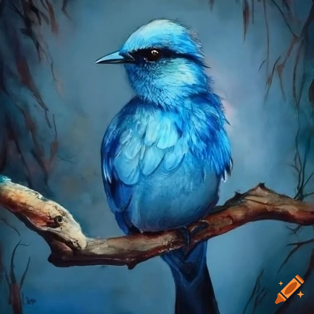Blue bird perched on a branch in dramatic lighting on Craiyon
