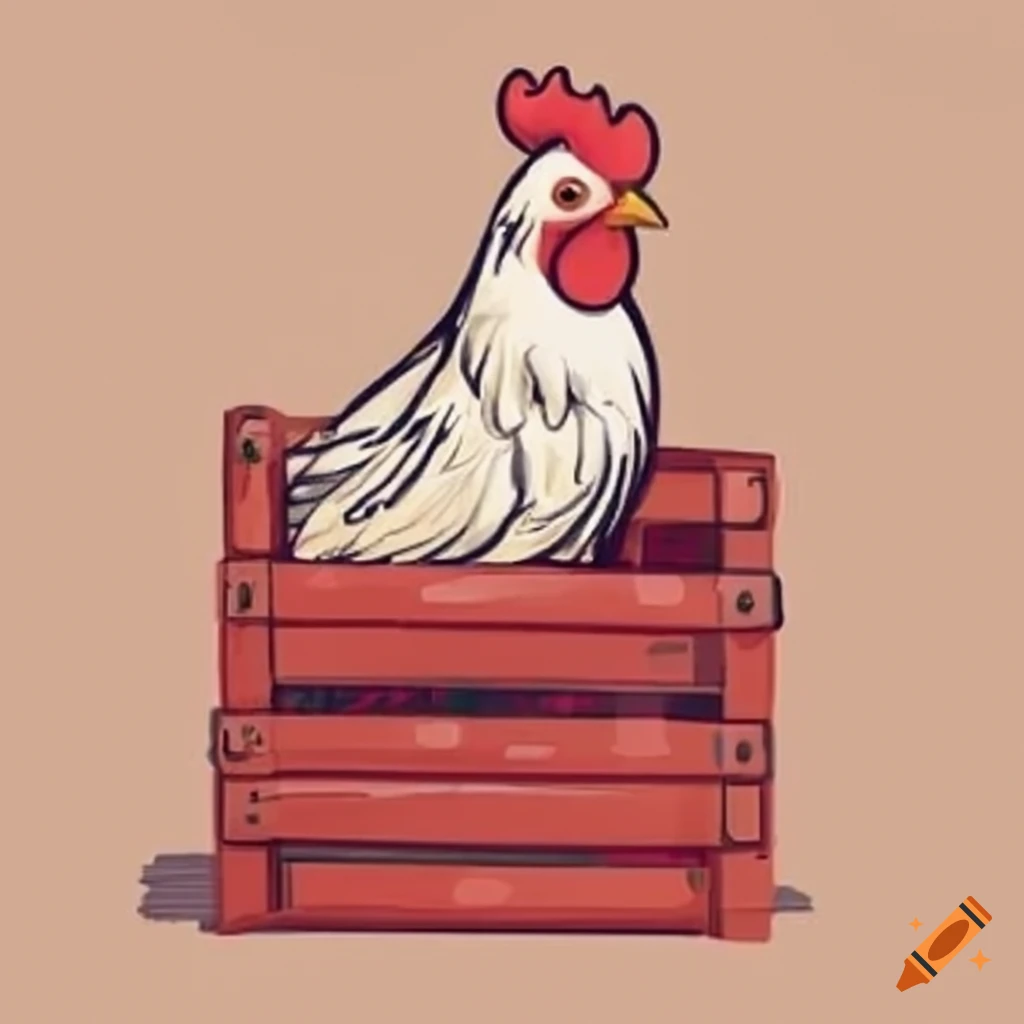 Chicken on a red wooden crate in a line drawing style on Craiyon