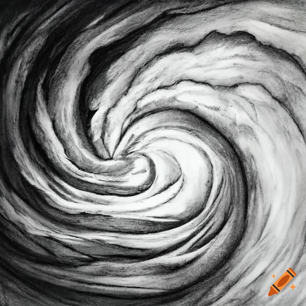 Whirlpool made of clouds in a black and white charcoal drawing on Craiyon