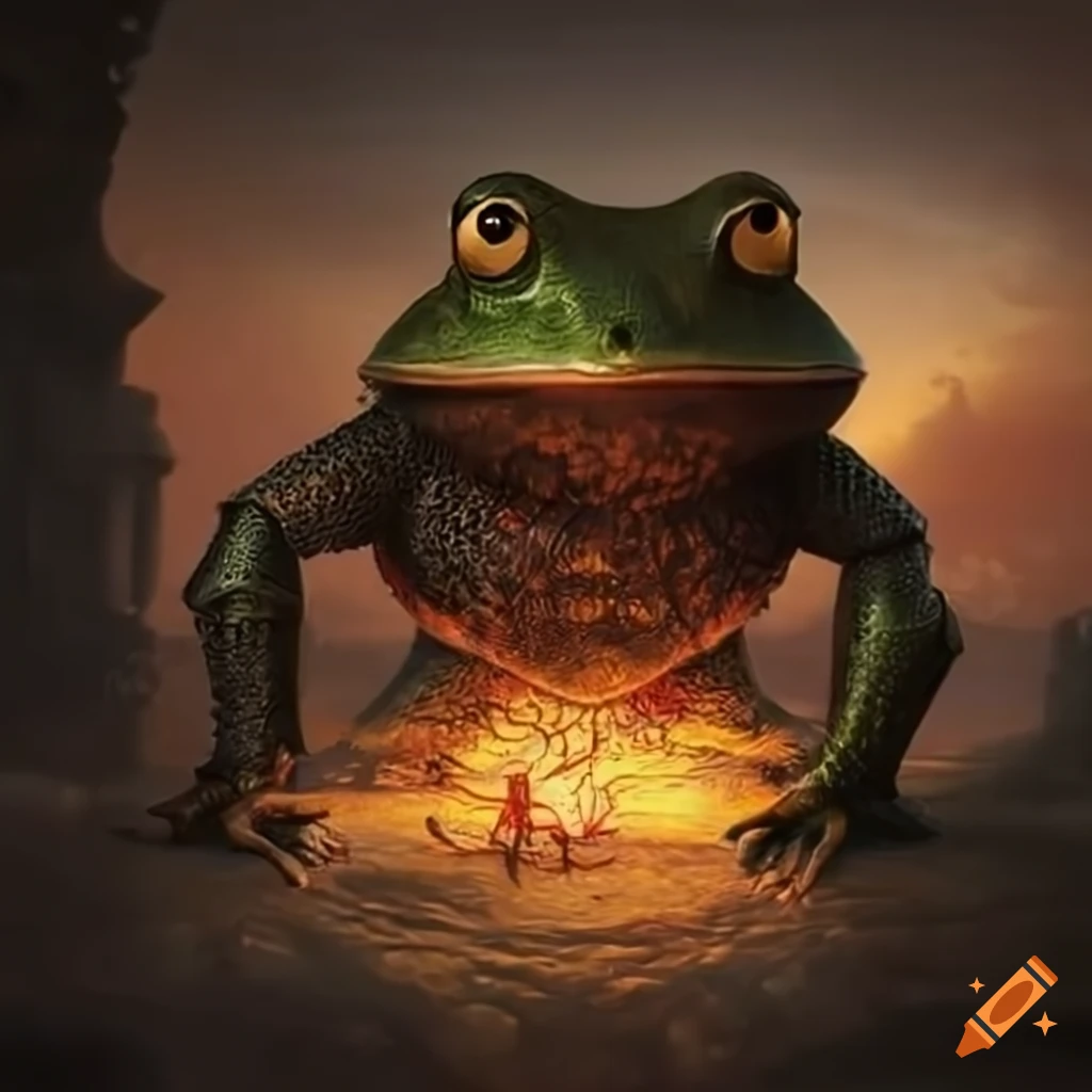 Knight-frog gazing into the sunset in a fantasy setting on Craiyon