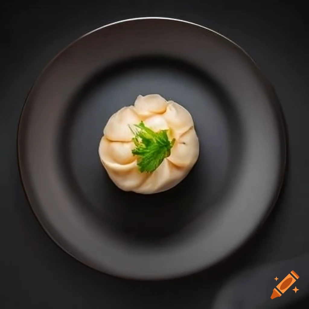Beautiful round dumpling on a black plate on Craiyon