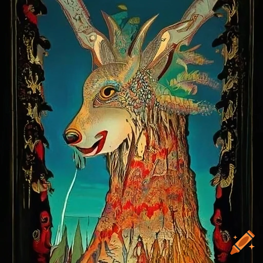 Colorful serigraph of fantasy creatures in native salish motifs on Craiyon