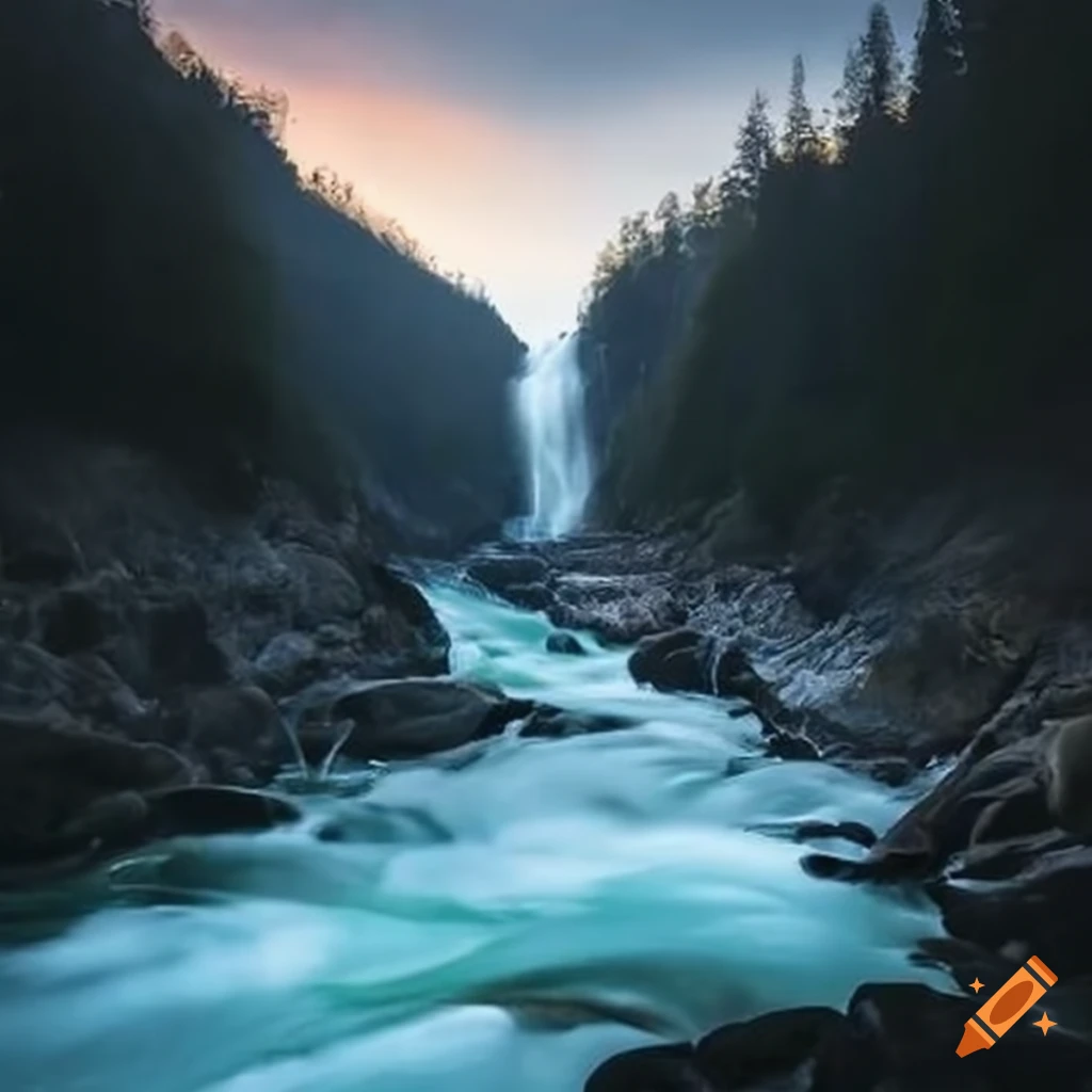 Rushing river waters flowing forward on Craiyon