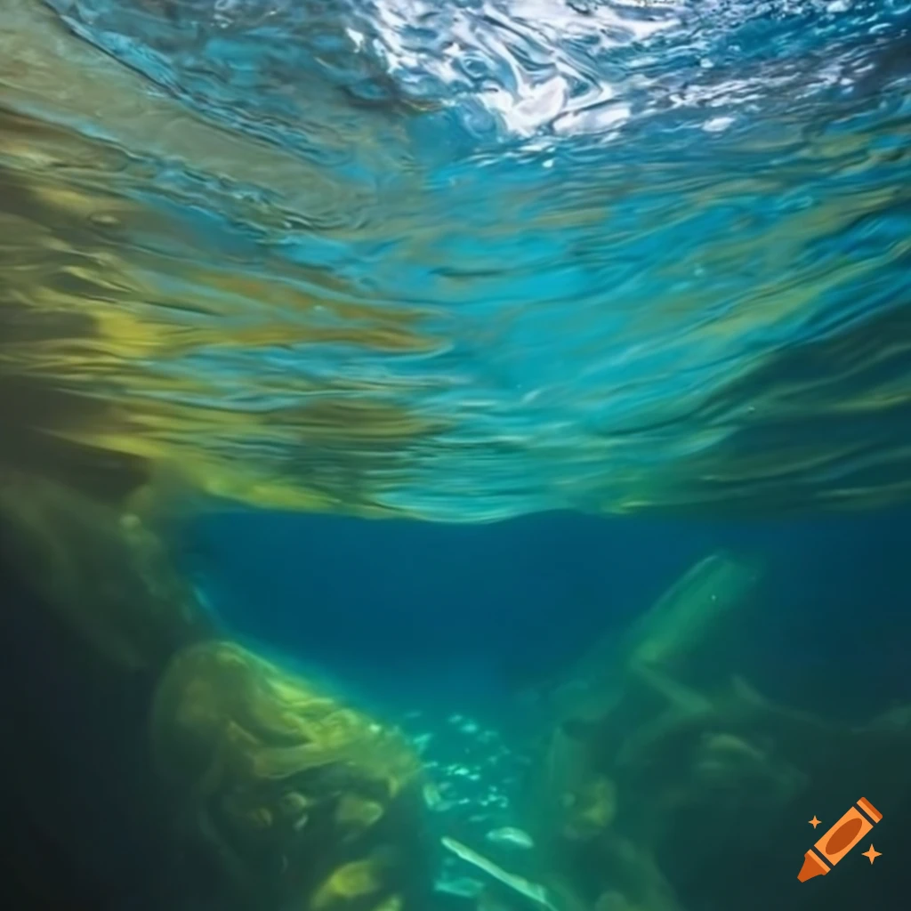 Split view of a stream in British Columbia above and underwater with ...