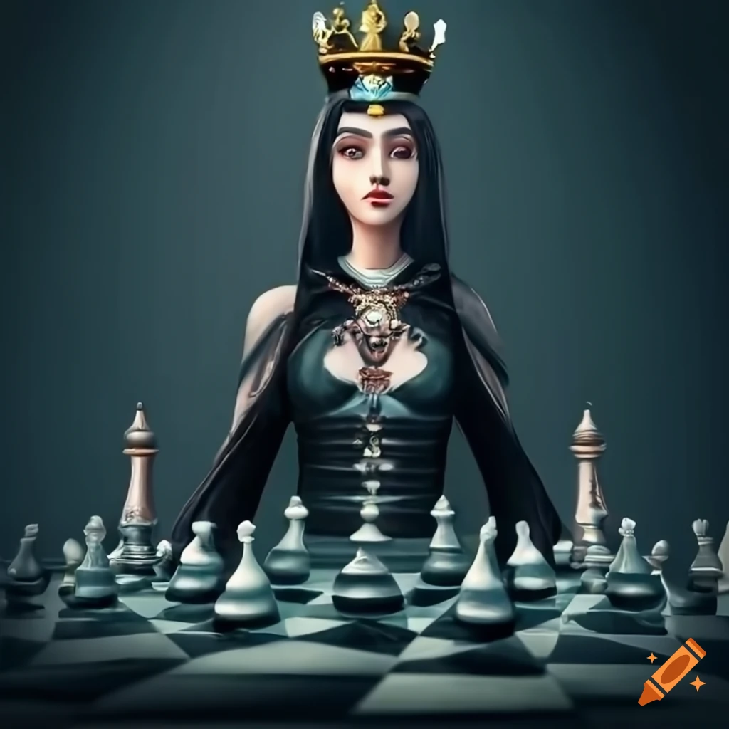Chess queen in black robe stepping through mesh fence with chess board ...