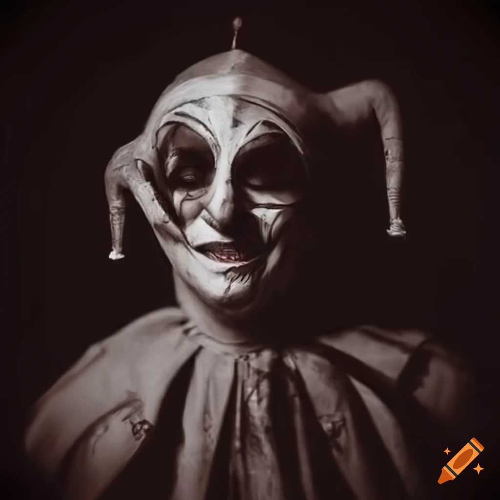 Ominous medieval jester with an unsettling smile in darkness on Craiyon