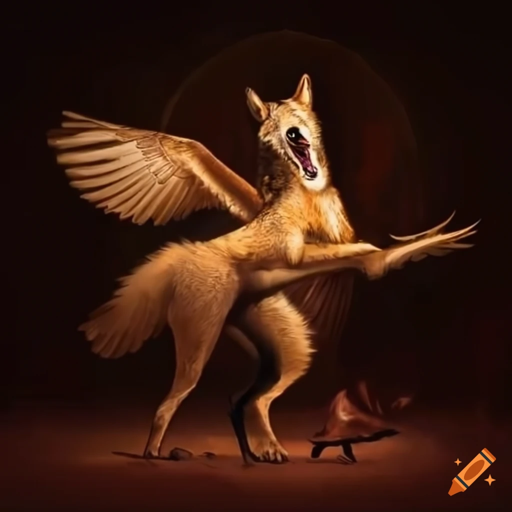 Bipedal golden wolf with three eyes, crane wings, and crane legs filled ...