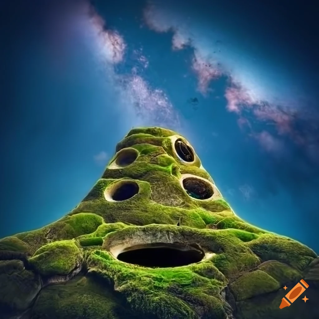 Moss-covered biomorphic stone buildings on a space island with milky way and planets background ...