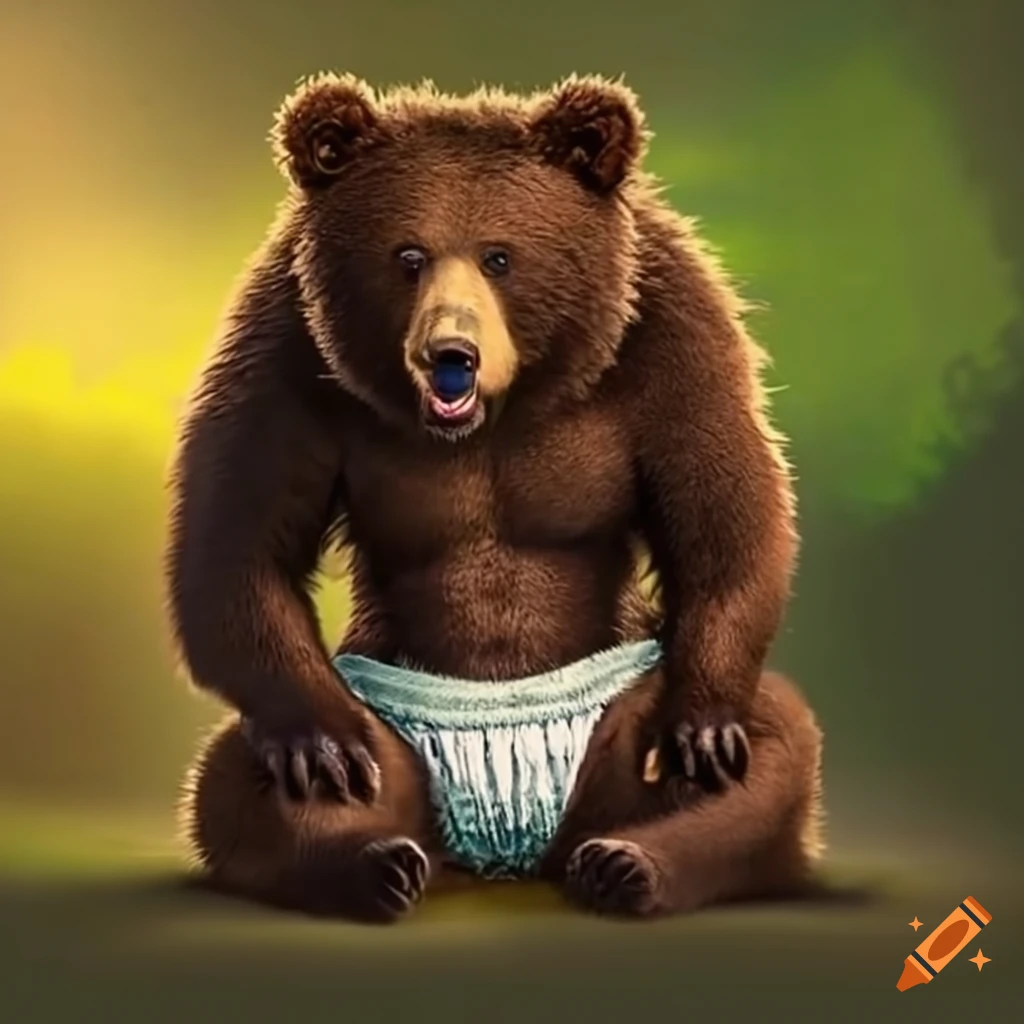 Grizzly bear wearing a diaper in the wilderness on Craiyon