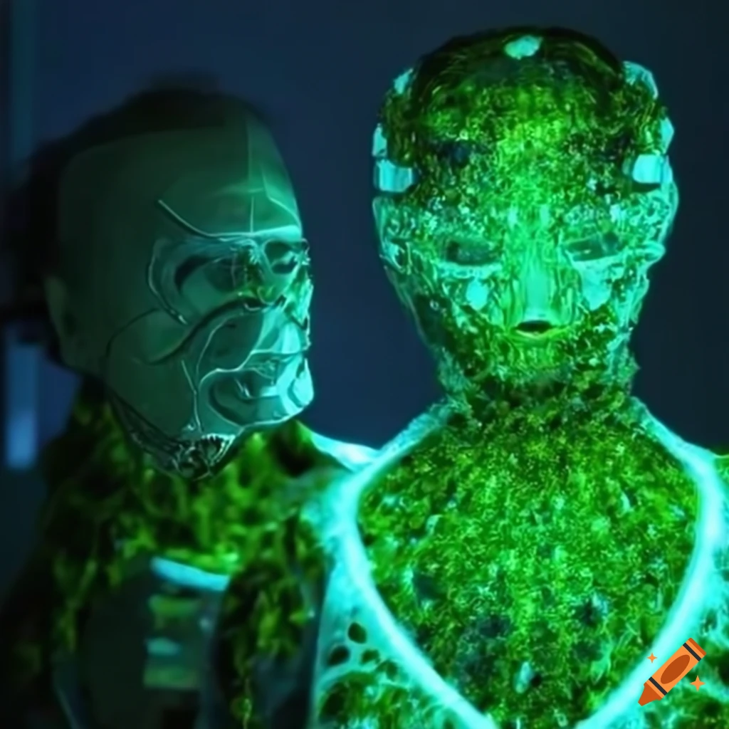 High-tech biopunk cyborg covered in glowing biopunk moss in a ...