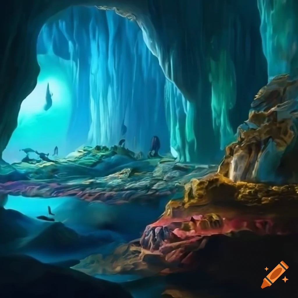 Cavern full of colorful precious gems in a fantasy setting on Craiyon