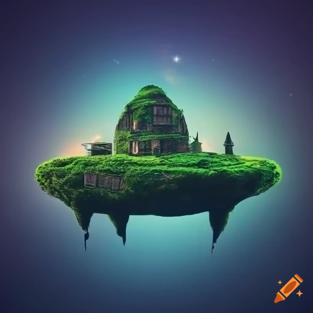 Floating moss-covered stone buildings on an island in space with a ...