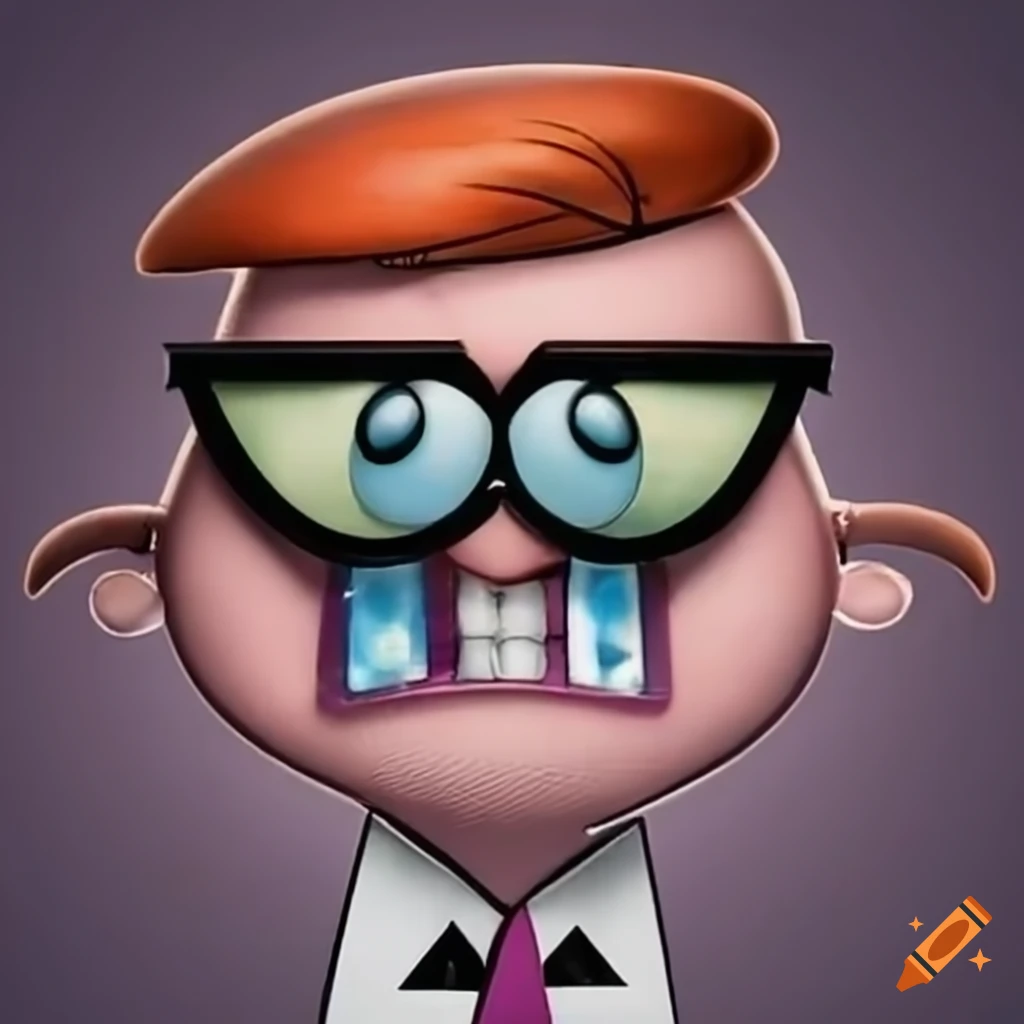 Close up of a cartoon character dexter crying in a scary scene on Craiyon