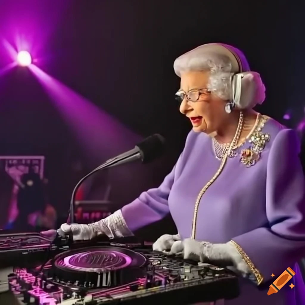 Queen Elizabeth as a DJ wearing headphones on stage with DJ gear on Craiyon