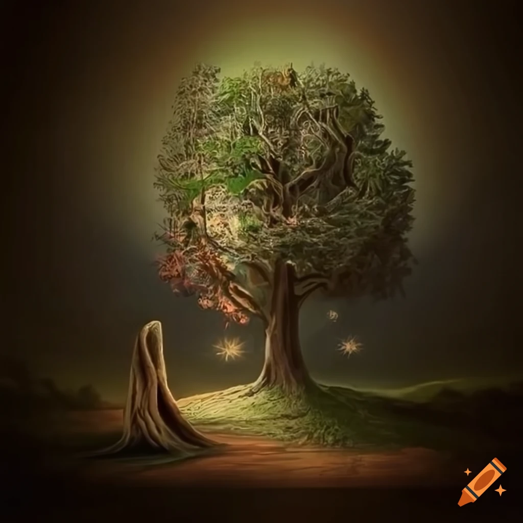 Wise sage staring at mystical tree on Craiyon