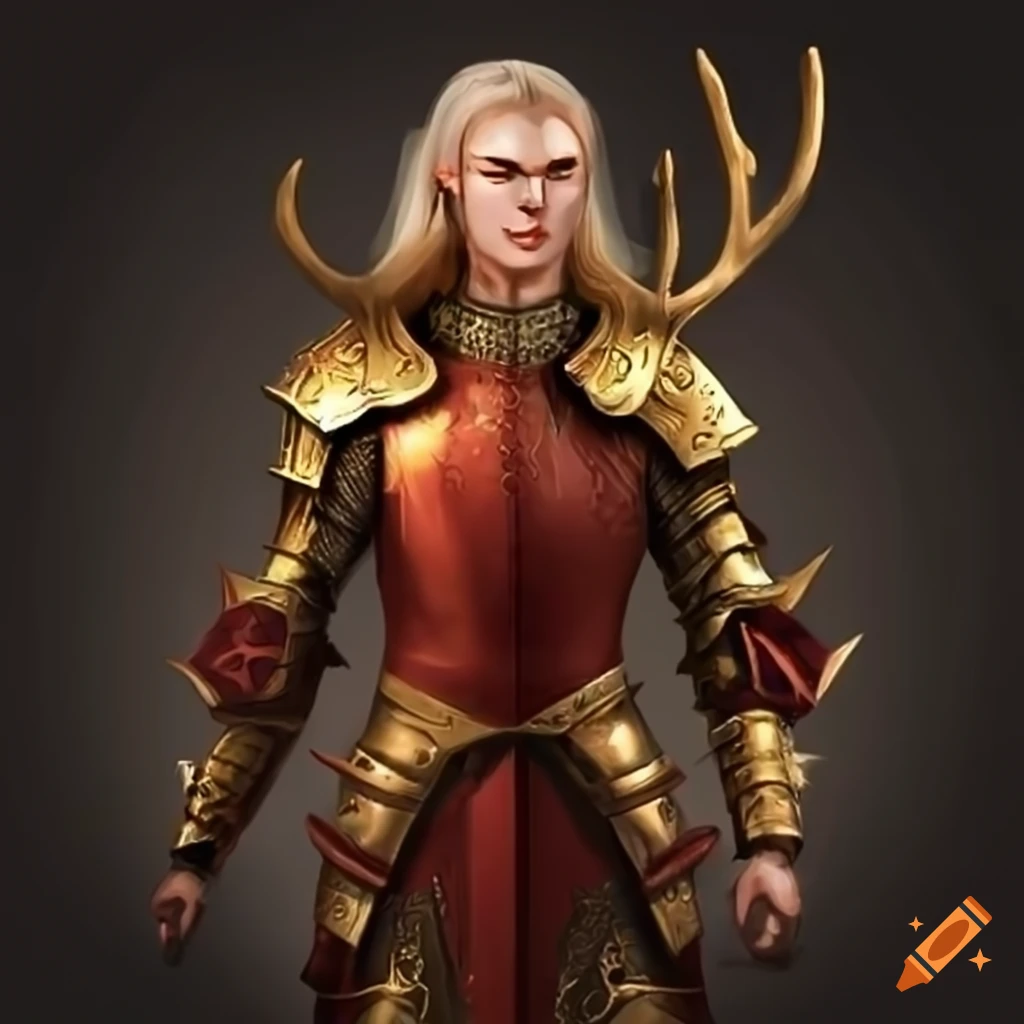 Elf in red and gold plate armor riding on an elk on Craiyon