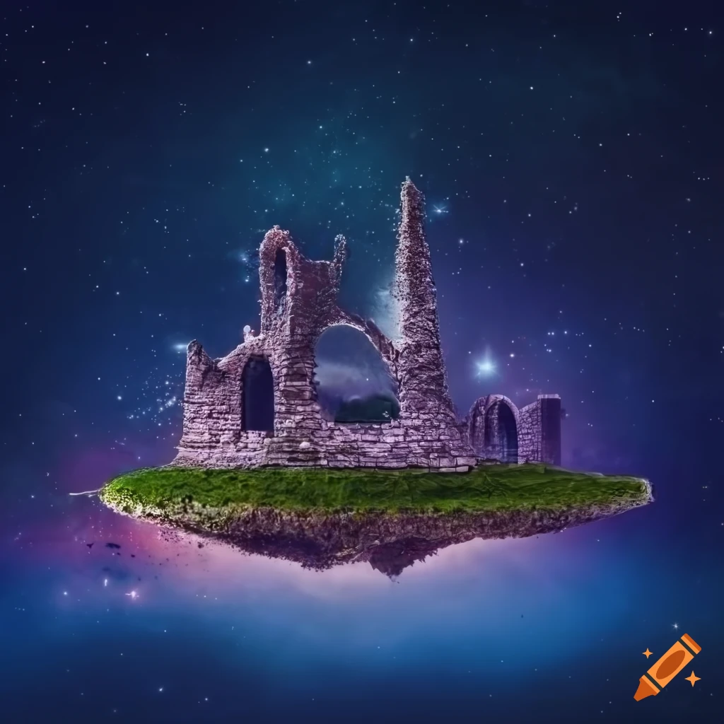 Floating moss-covered stone buildings on an island in space with a ...